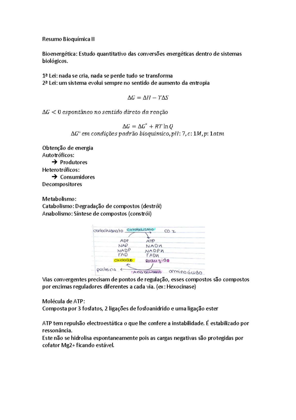 Resumo Bioquímica 1 - Resumo Bioquímica II Bioenergética: Estudo ...