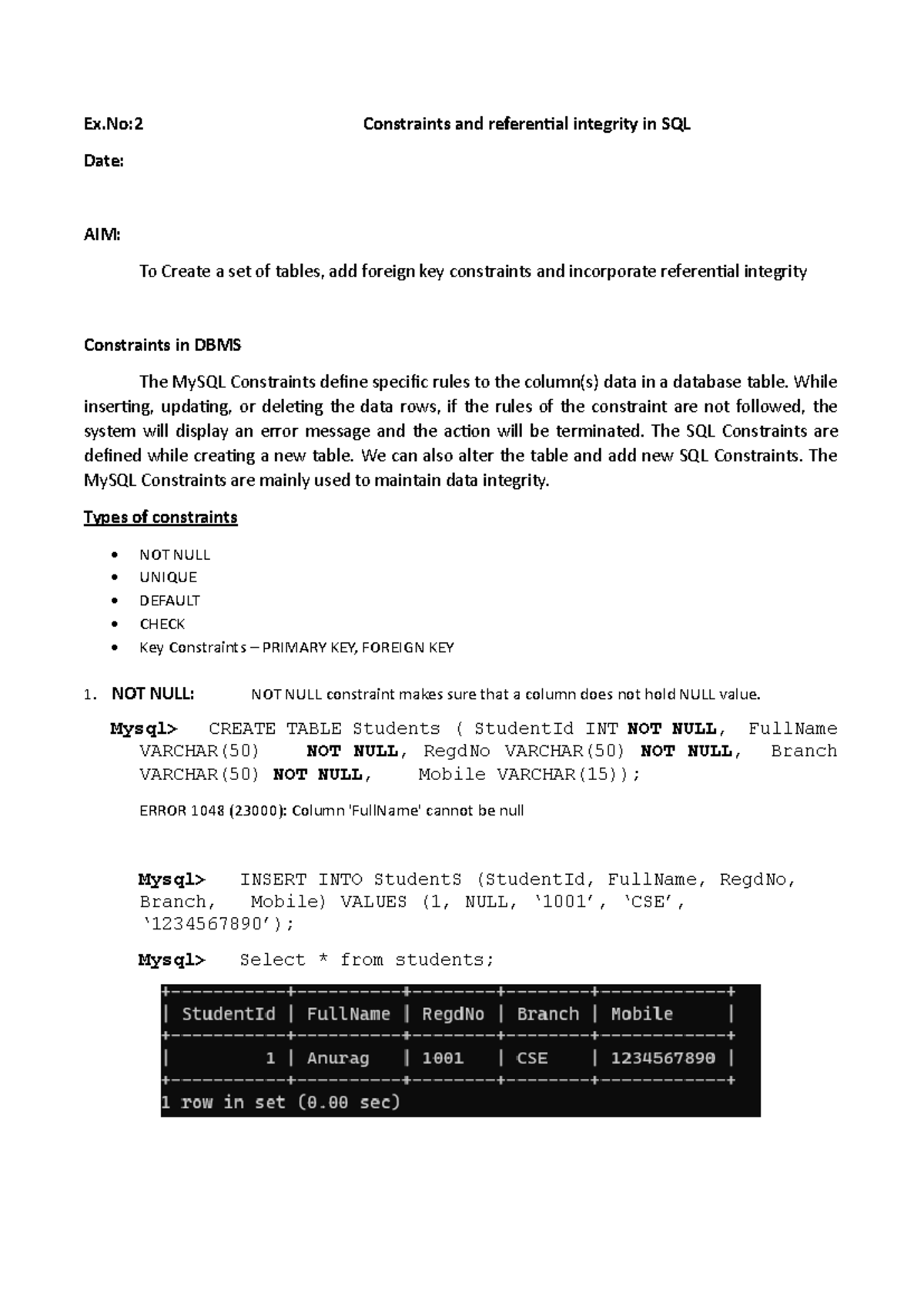Tables And Explore Sub Queries And Simple Join Operations Ex2 Constraints And Referential