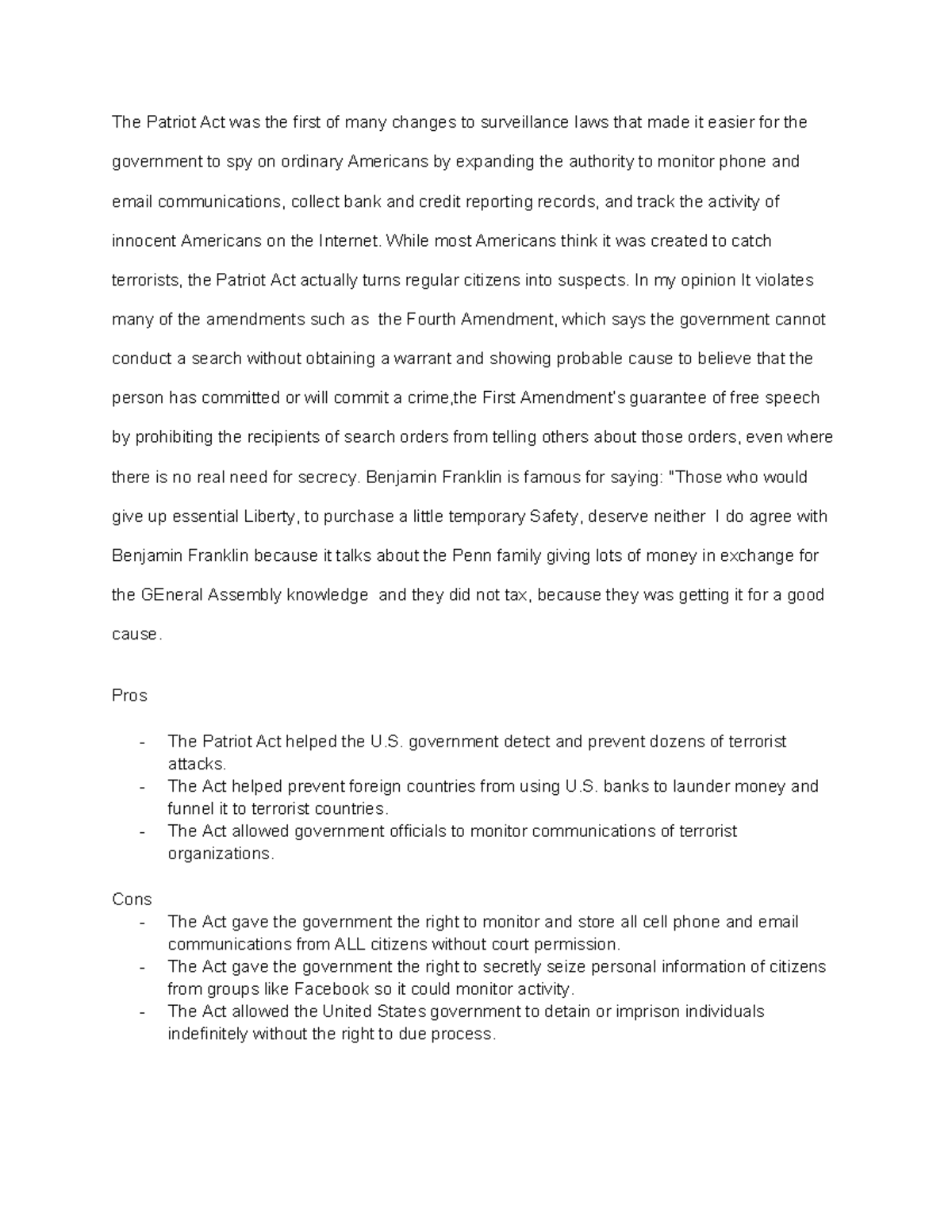 1.09 When Rights Conflict with Laws Discussion - The Patriot Act was ...