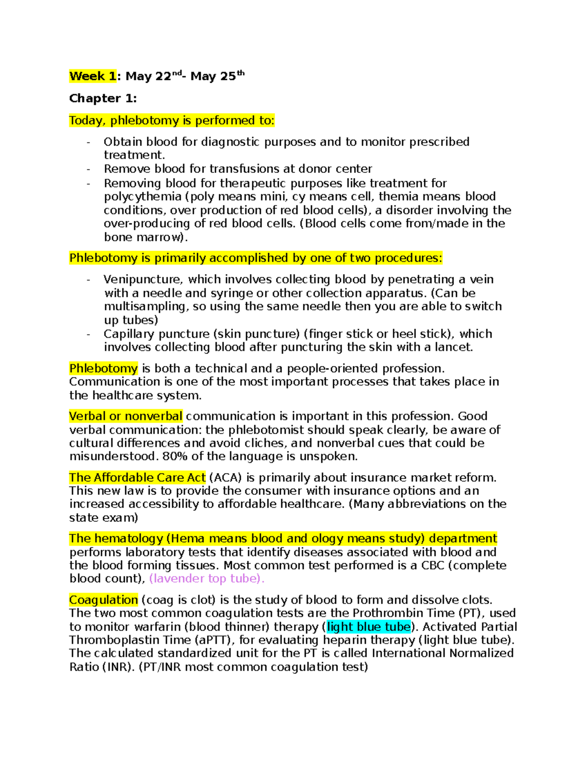 Week 1 phlebotomy school - Week 1: May 22nd- May 25th Chapter 1: Today ...