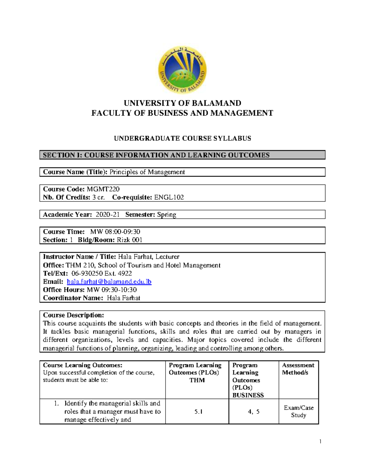 MGMT220- Spring 2020-2021 - UNIVERSITY OF BALAMAND FACULTY OF BUSINESS AND MANAGEMENT ...