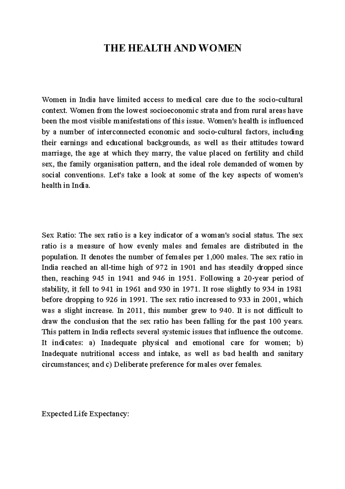 THE Health AND Women - Lecture notes 4 - THE HEALTH AND WOMEN Women in ...