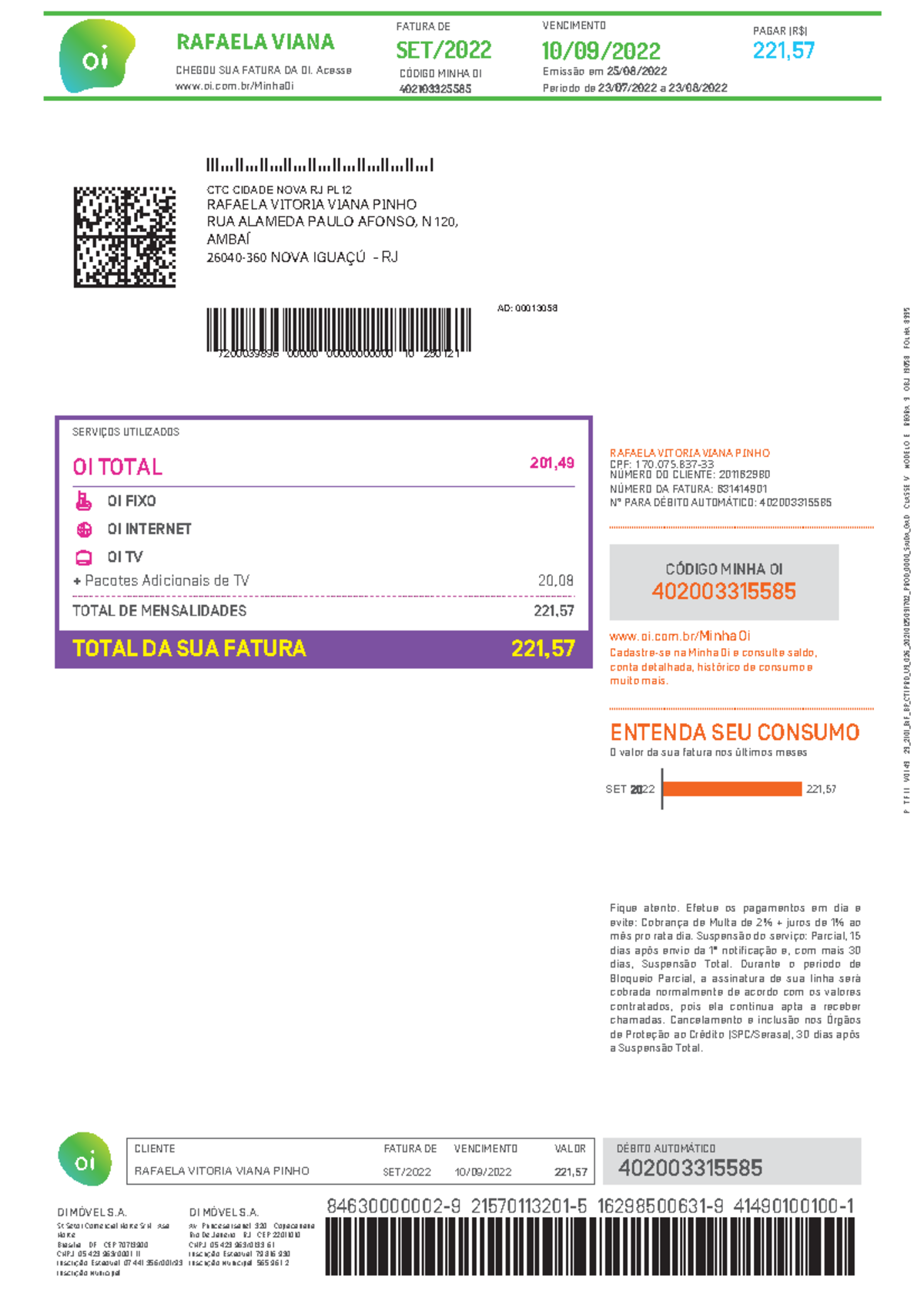 Boleto SET Rafaela certo - FATURA DE SET/ 2022 PAGAR (R$) 221 ...