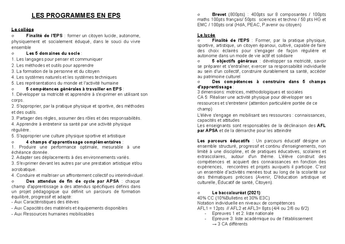 Fiches UE22 Méthodologie de l'intro écrit 2 - LES PROGRAMMES EN EPS Le collège Finalité de l'EPS ...