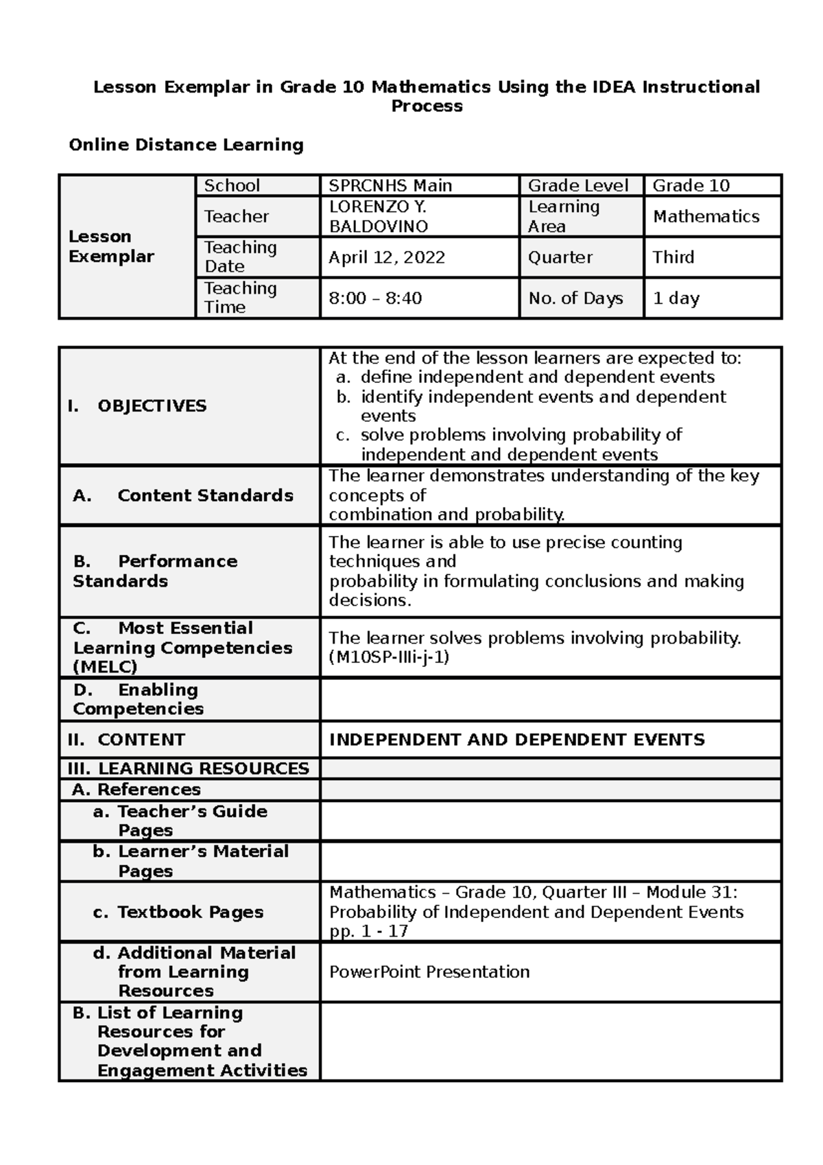 LE-Q3-G10 Math-Week8-Probability of Independent and Dependent Events - Lesson Exemplar in Grade ...
