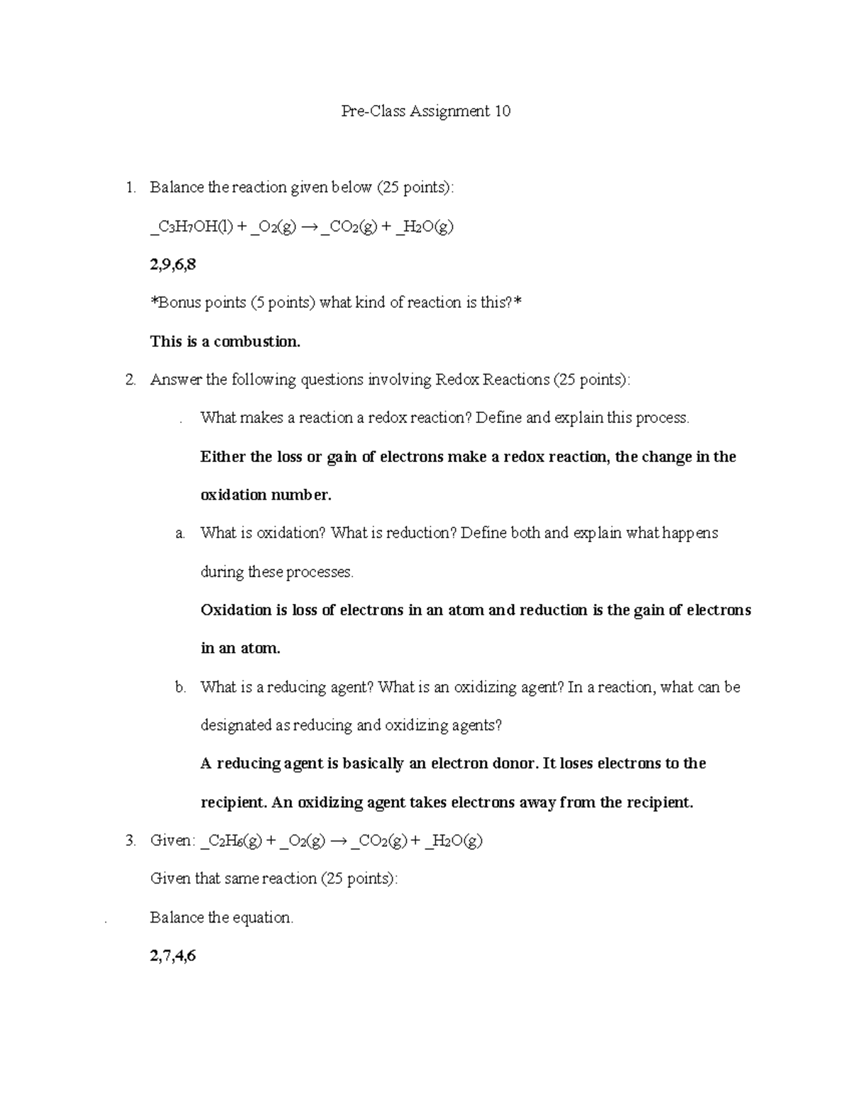 Week 10 - Chemistry 1 assignments - Pre-Class Assignment 10 Balance the ...