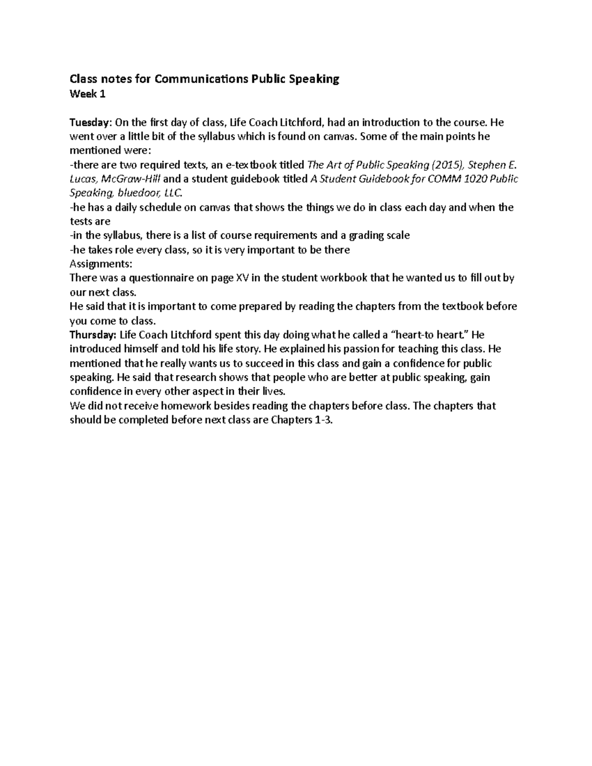 Class notes for Communications Public Speaking Week 1 - He went over a ...