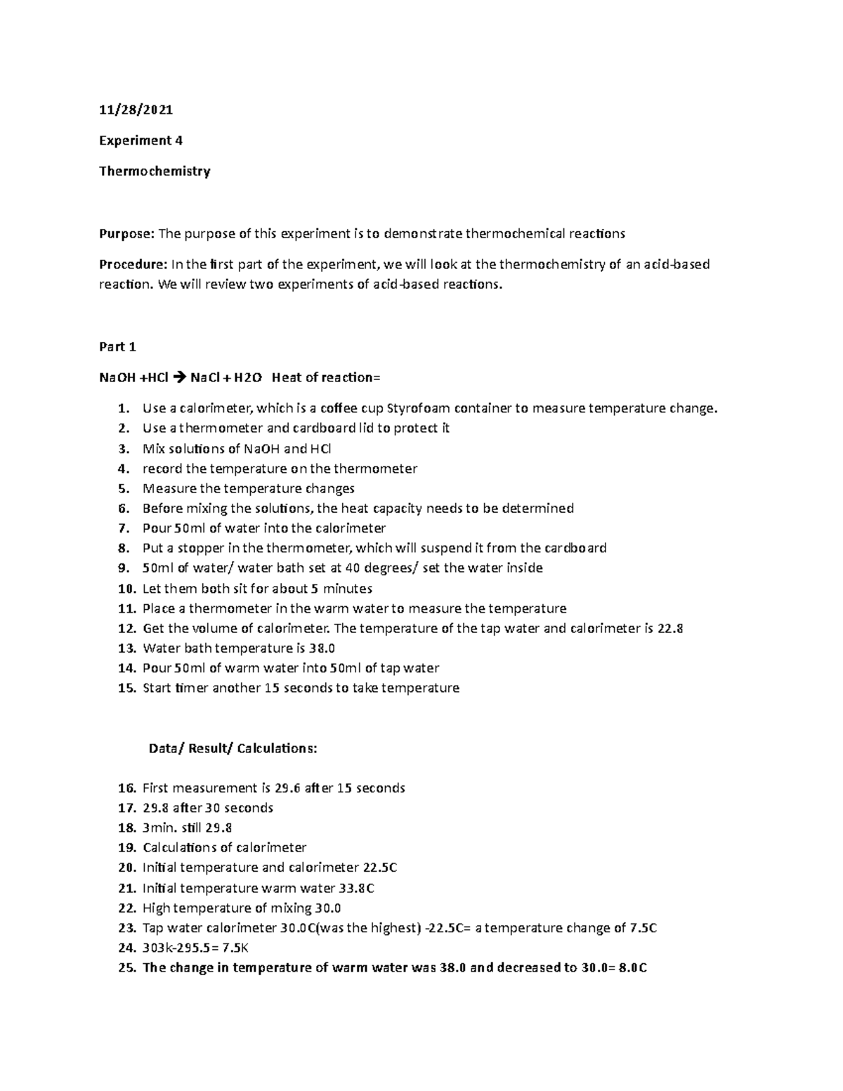 Chem 103 Experiment 4 Thermochemistry - 11/28/ Experiment 4 ...