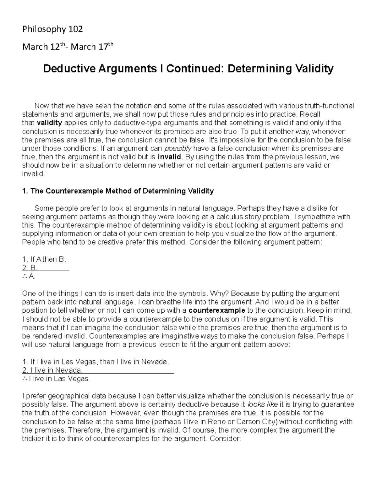 Deductive Arguments - Philosophy 102 March 12th- March 17th Deductive ...