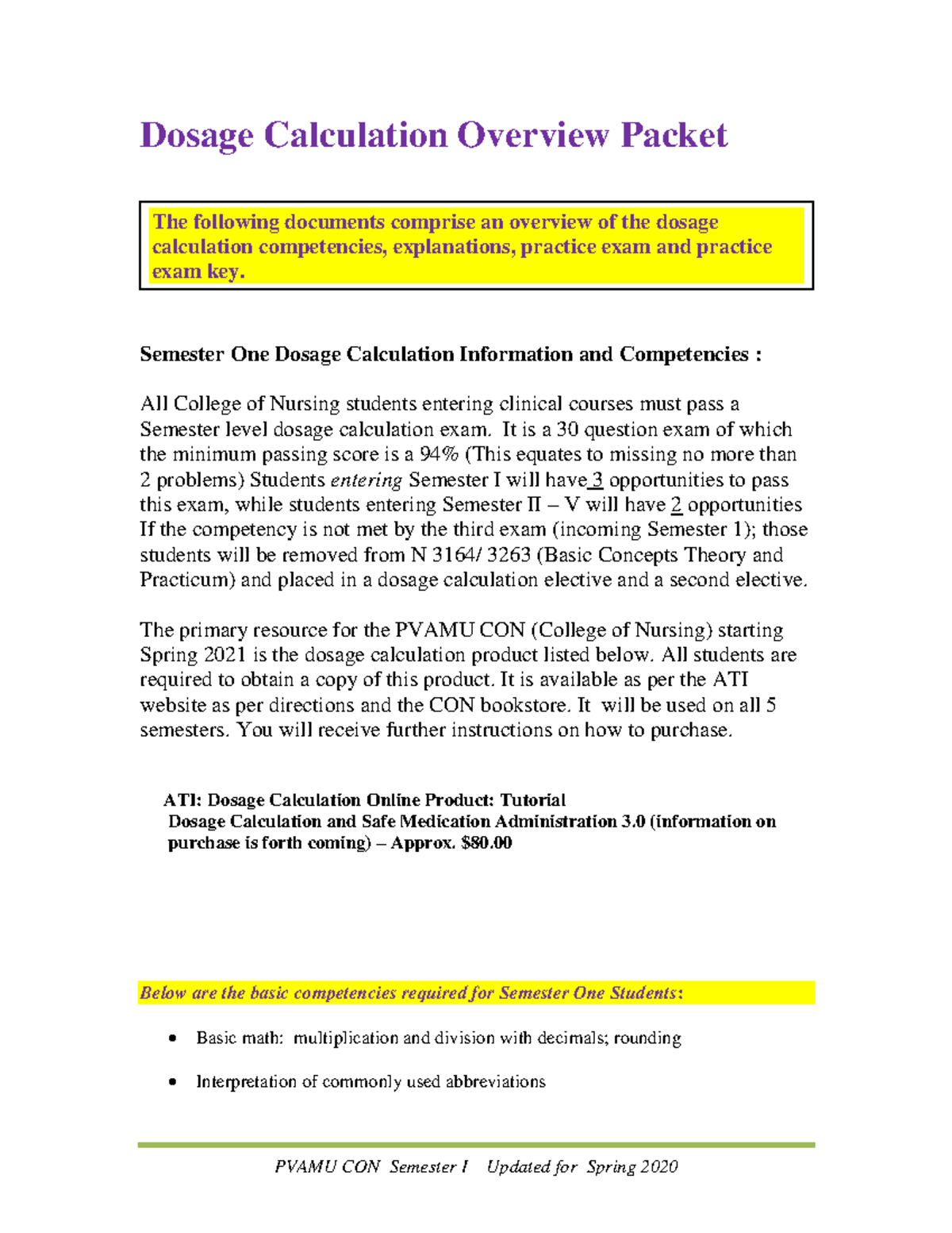 Sem I Dos Cal Review Packet Combined Spring 2021 - Dosage Calculation ...