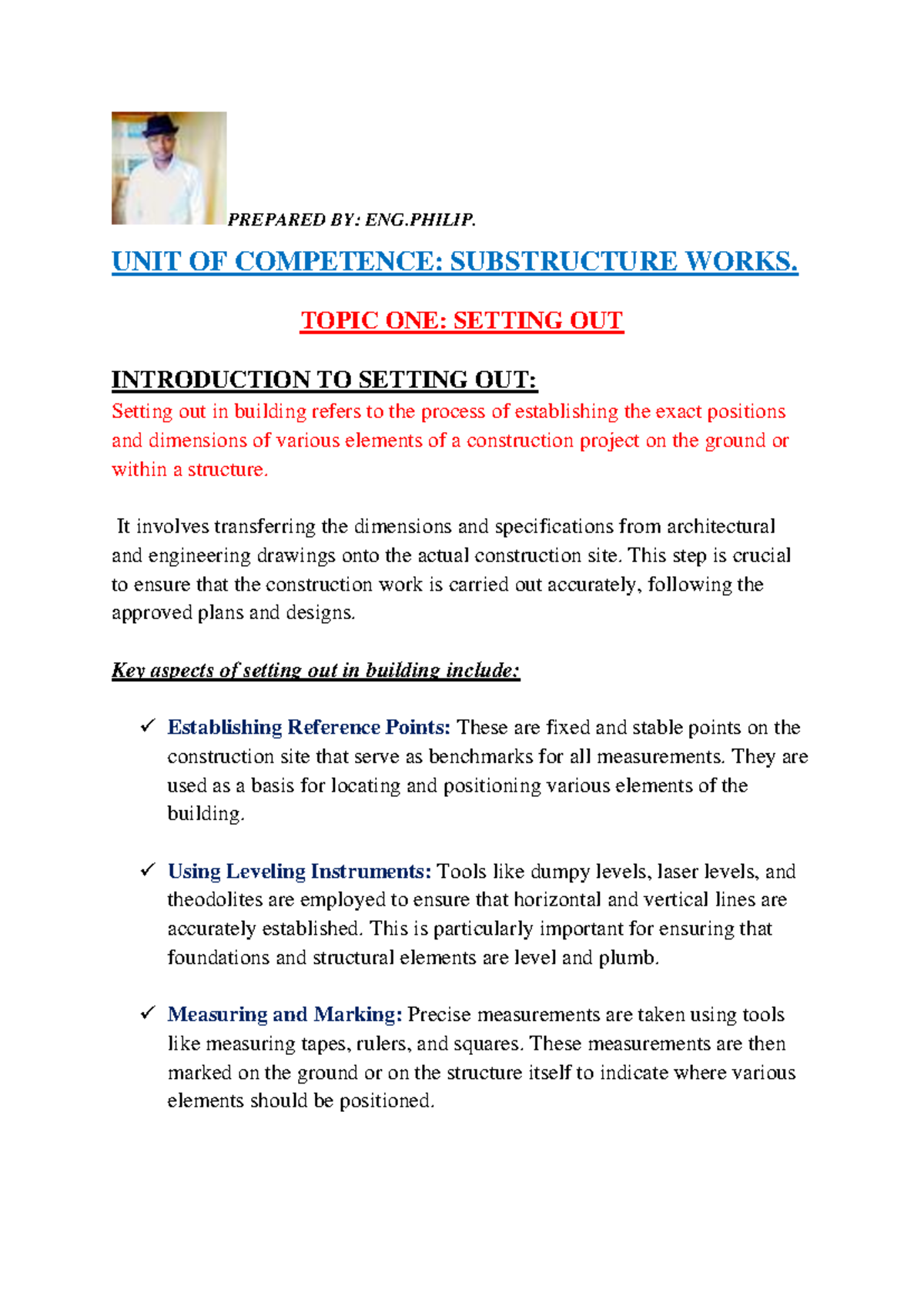 Substructure PDF Modified - PREPARED BY: ENG. UNIT OF COMPETENCE ...