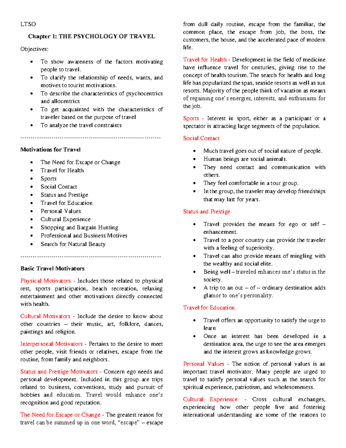 LTSO Chapters 1-4 Notes - LTSO Chapter 1: THE PSYCHOLOGY OF TRAVEL ...