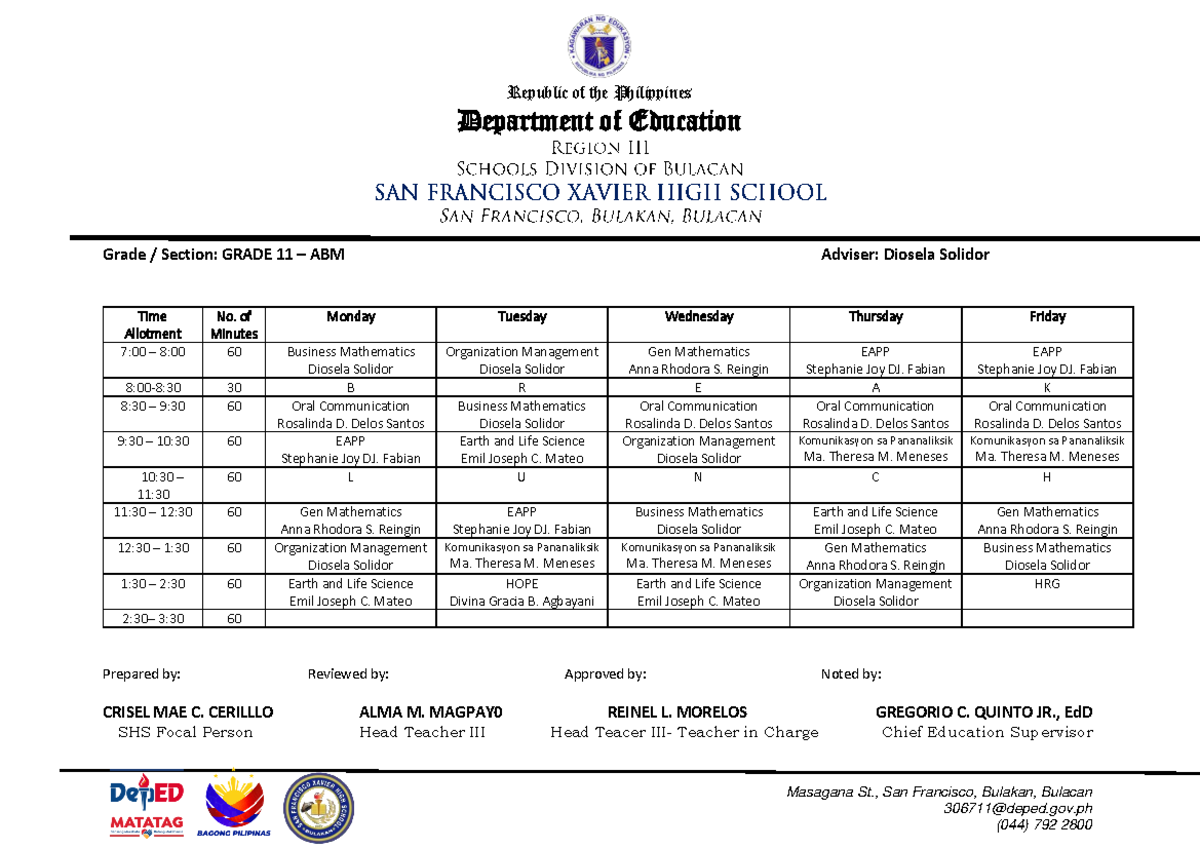 SHS- Schedule- Class- Teachers- as of September 2024 - Masagana St ...