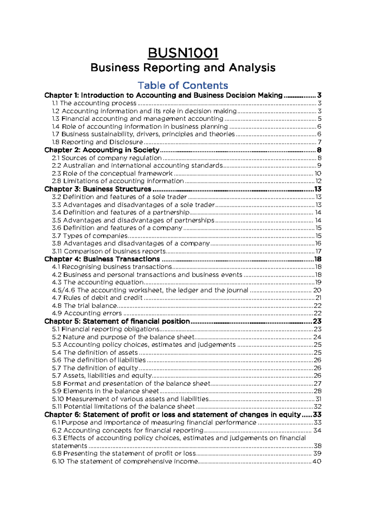 BUSN Notes - Textbook based - Business Reporting and Analysis - BUSN1 ...