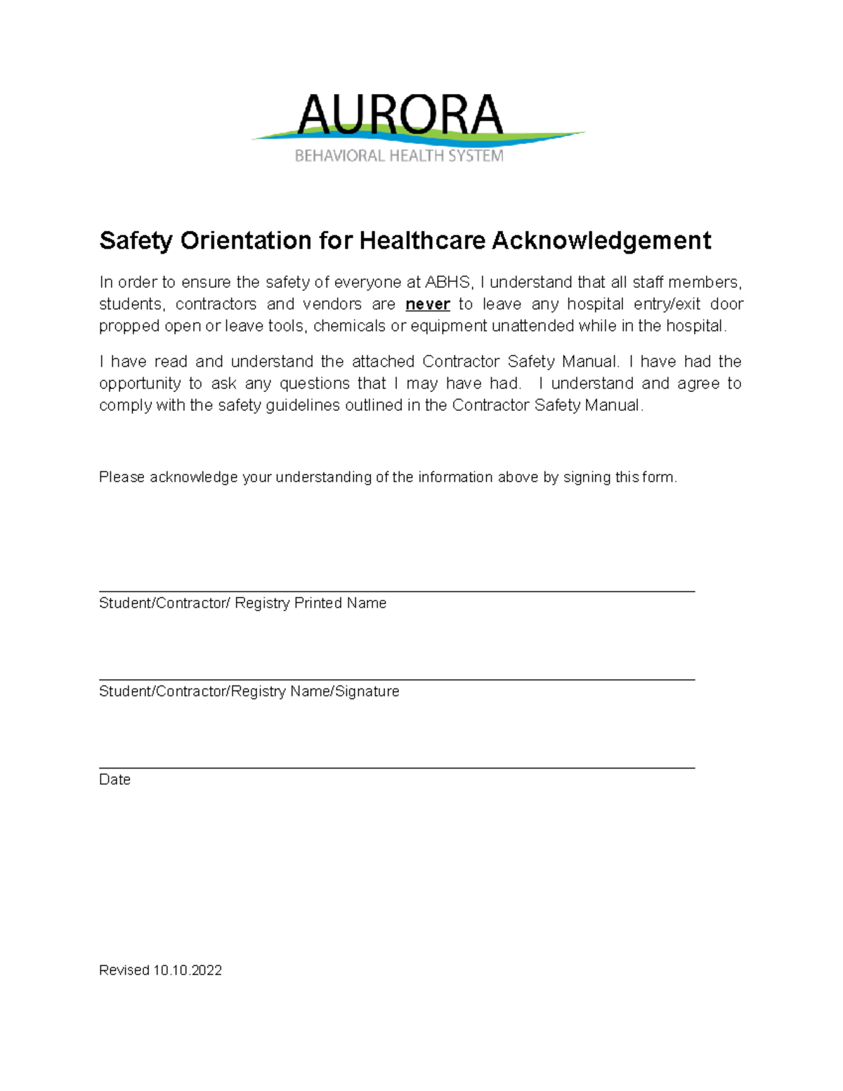 Aurora-Safety-Acknowledgement - Safety Orientation for Healthcare ...