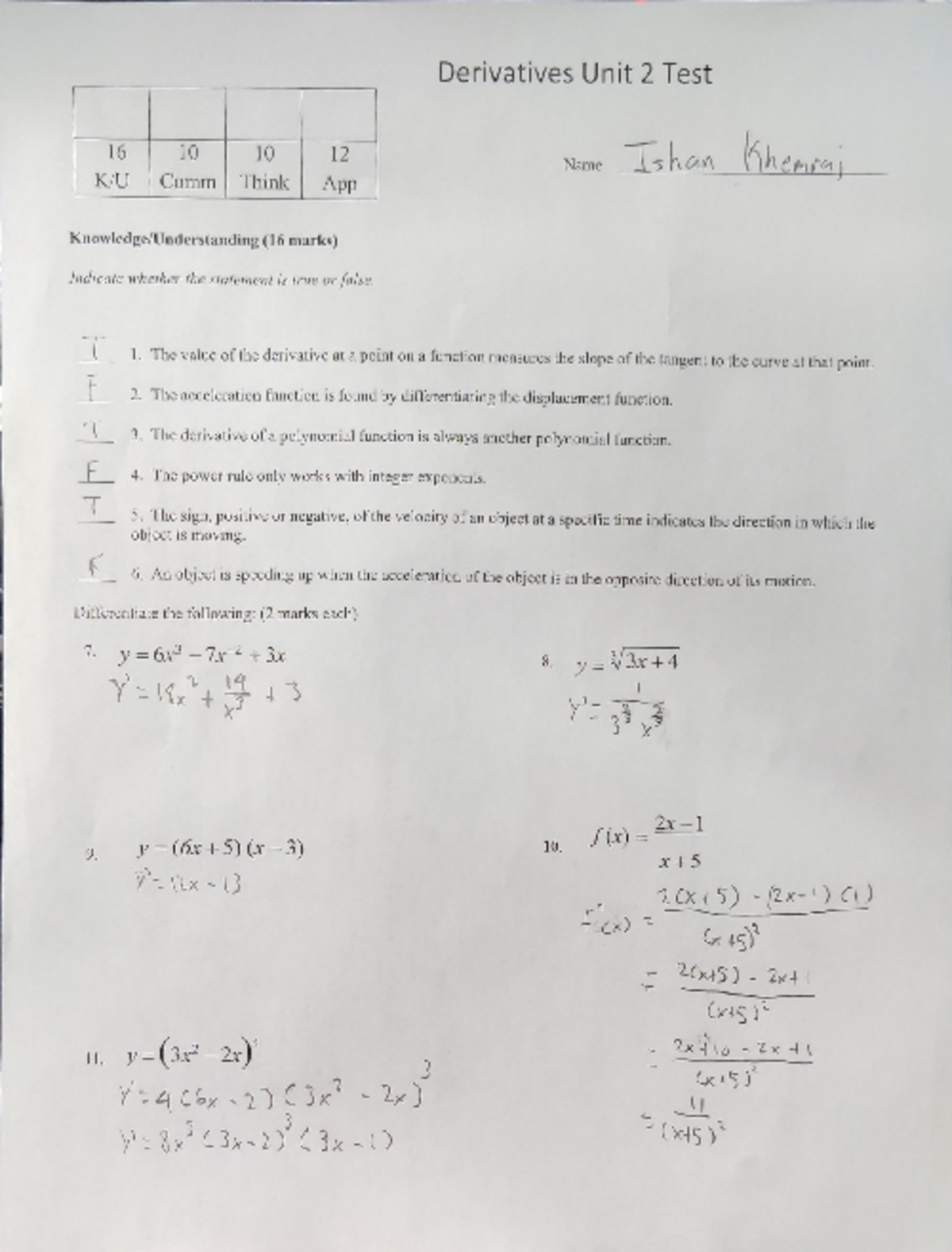 Unit 2 test Ishan - Unit 2 practice test for Calculus - Derivatives ...