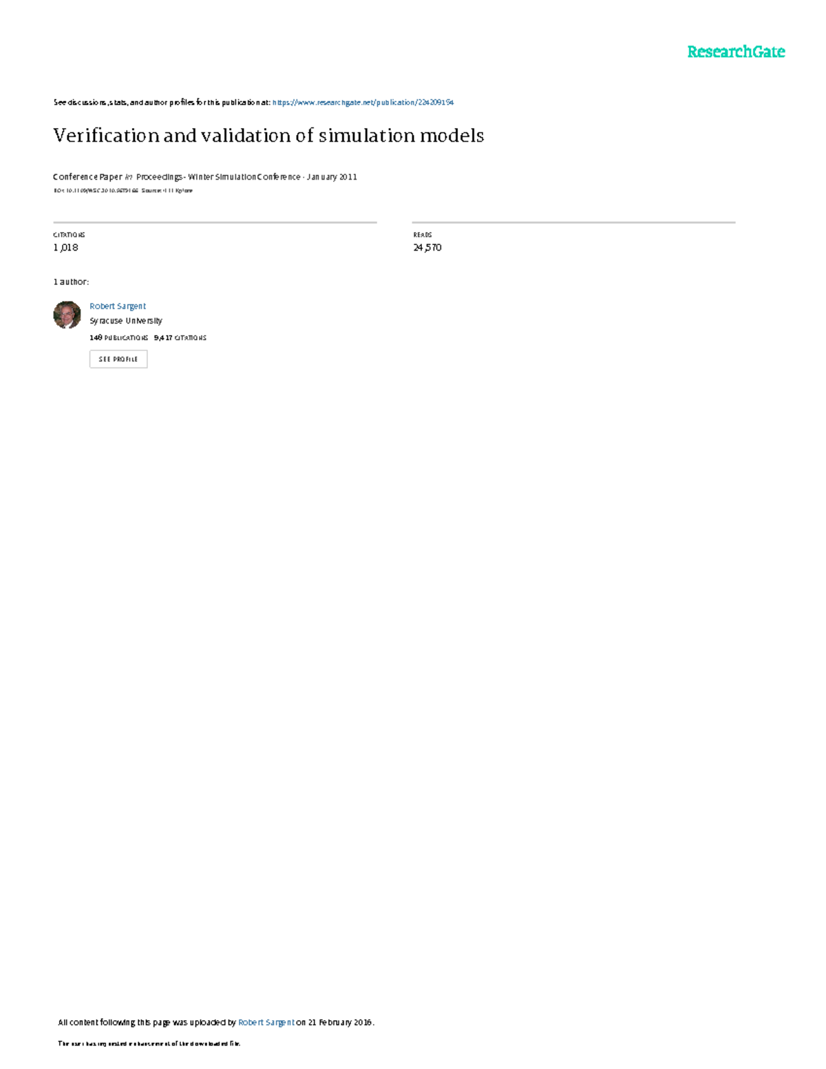 Verification and validation of simulation models - See discussions, stats, and author profiles ...