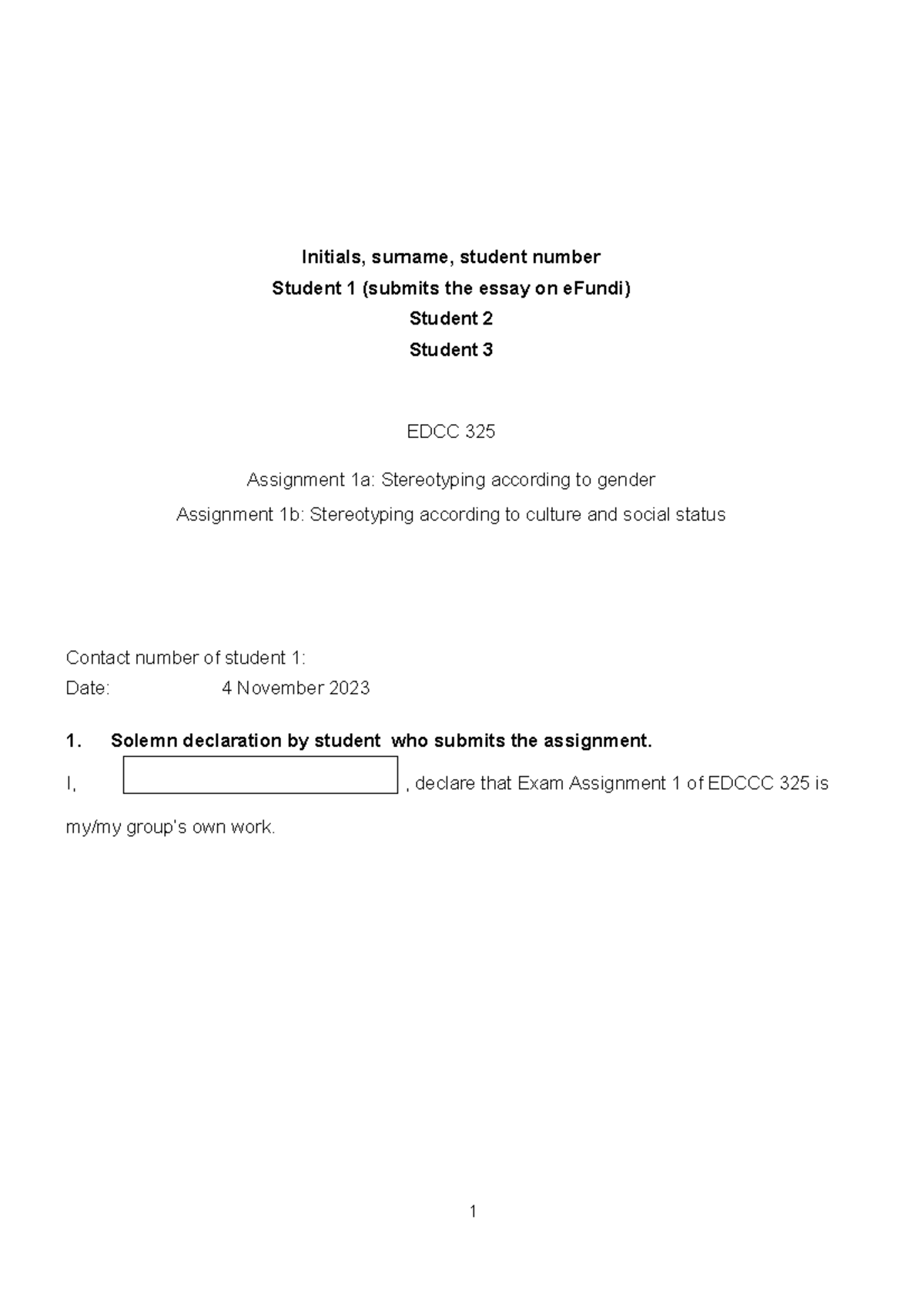Template EXAM Essay 1 - exam assignment for edcc 322 - Initials ...
