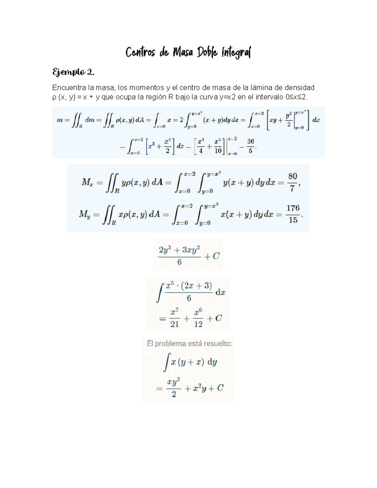 Centros de Masa y Momentos de Inercia - Matemáticas Iii - Centros de Masa Doble Integral Ejemplo ...