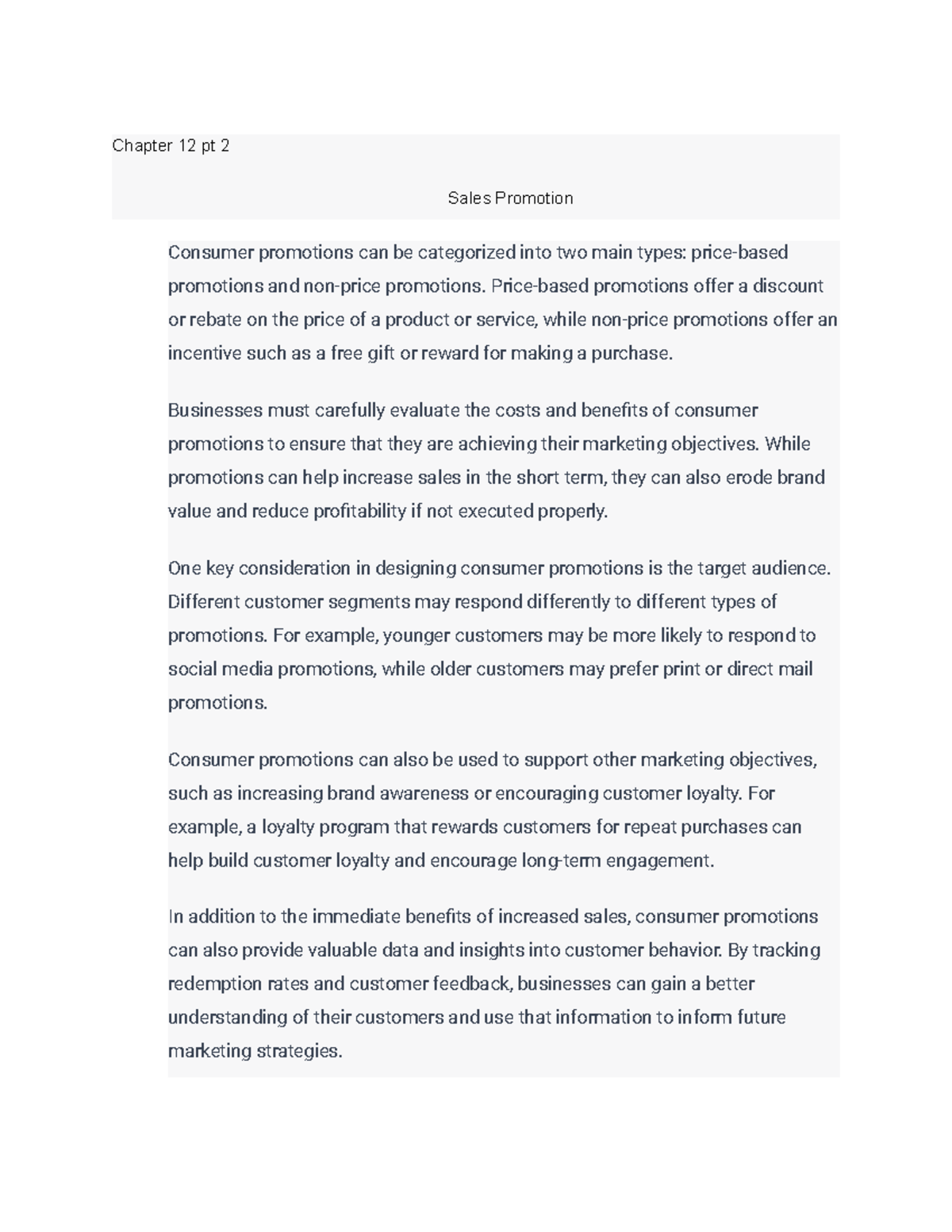 Mkt 348 notes chap 12 pt 2 - Chapter 12 pt 2 Sales Promotion Consumer ...