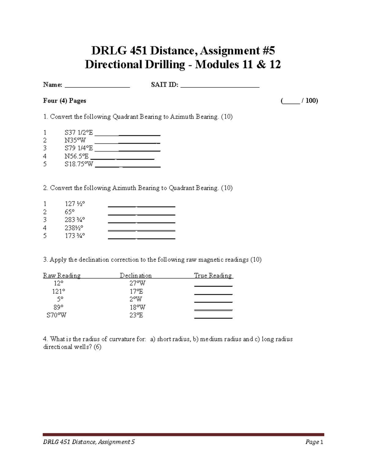 Assignment 5 questions - DRLG 451 Distance, Assignment Directional ...