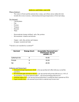 HLTH 331 WEEK 2 - Lecture - HLTH 331: WEEK 2 - LECTURE ENERGY BALANCE, BODY COMPOSITION AND ...