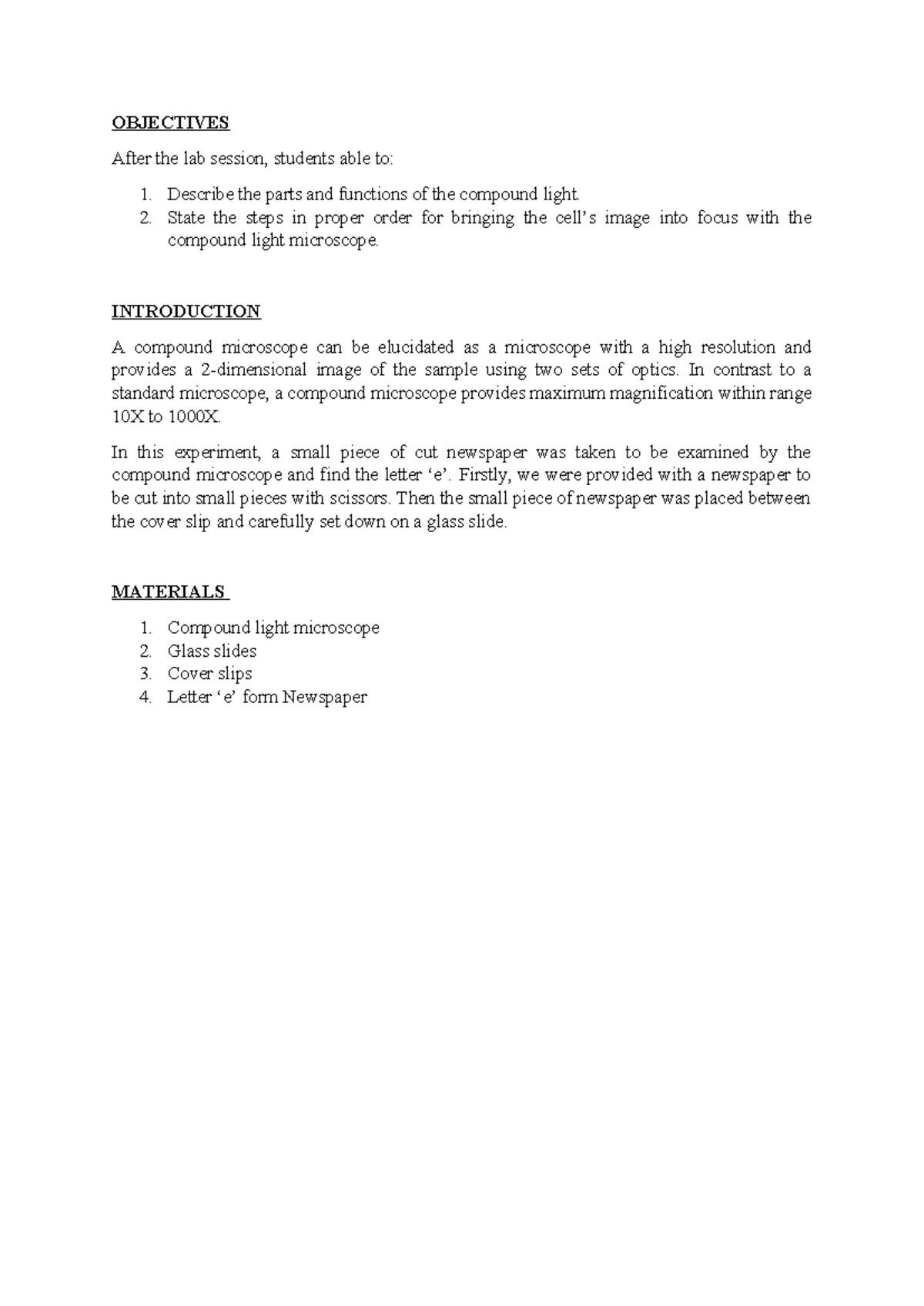 LAB Report BIO122 1.1 - OBJECTIVES After the lab session, students able ...