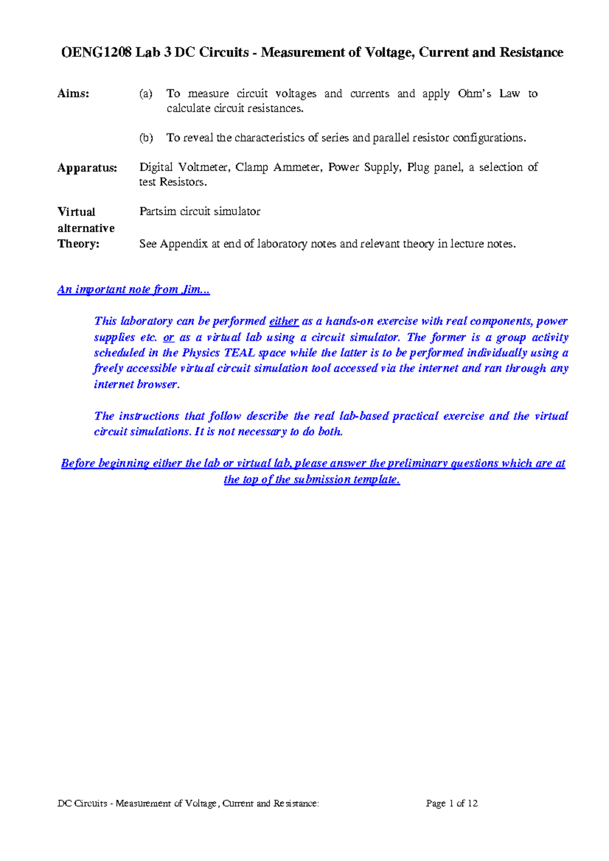 DC Circuits - Measurement Of VIR 2022 - OENG1208 Lab 3 DC Circuits - Measurement of Voltage ...