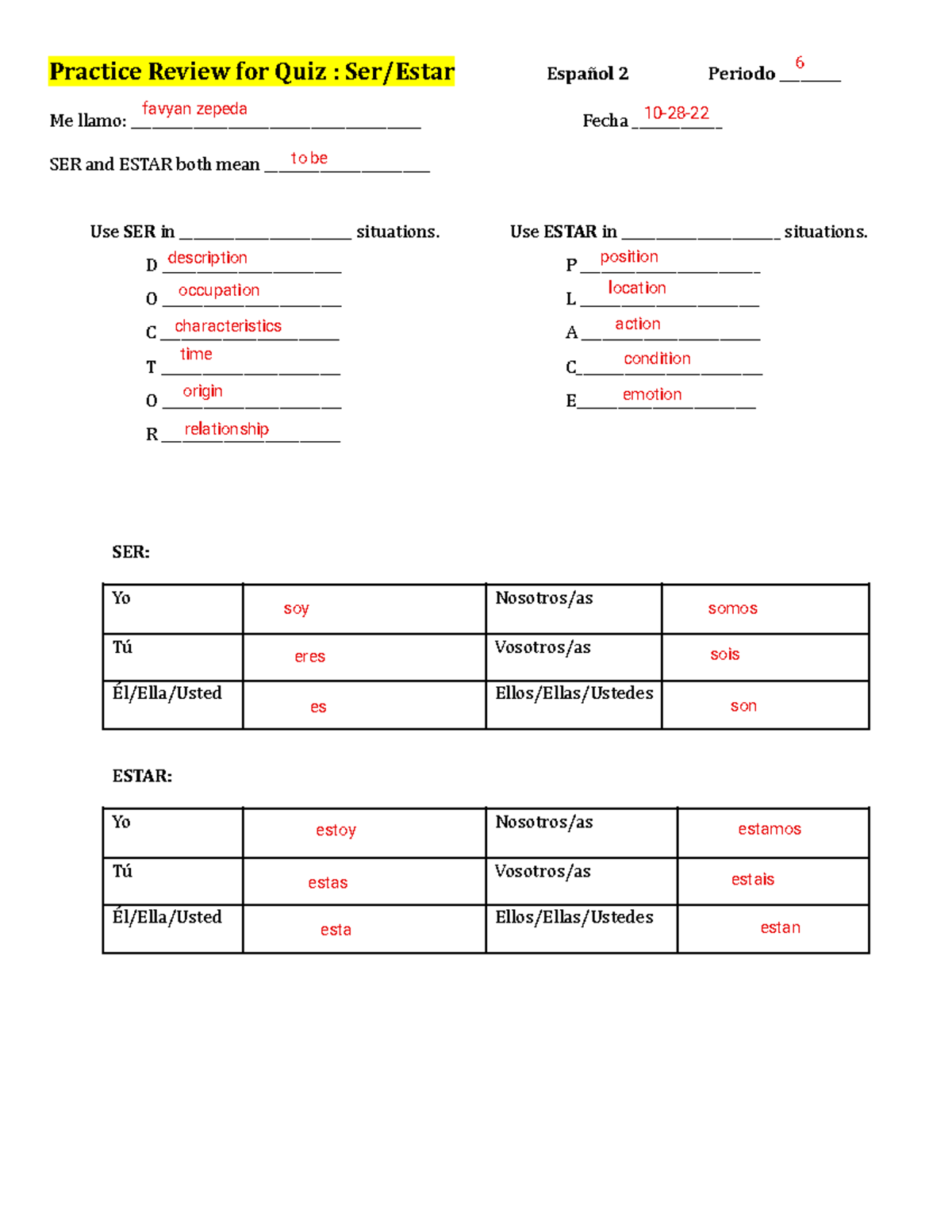 Estar - nnnn - Practice Review for Quiz : Ser/Estar Español 2 Periodo ...