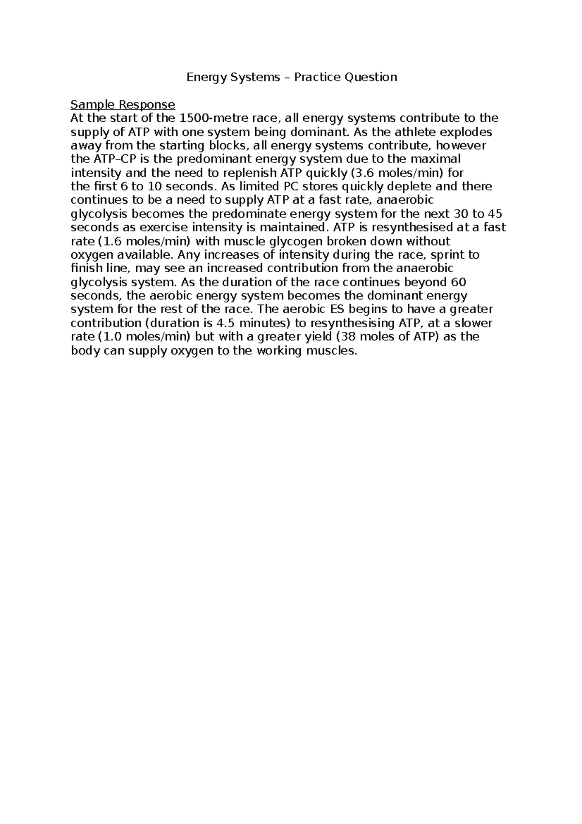 Energy Systems - PQ - Physical Education resource - Energy Systems ...
