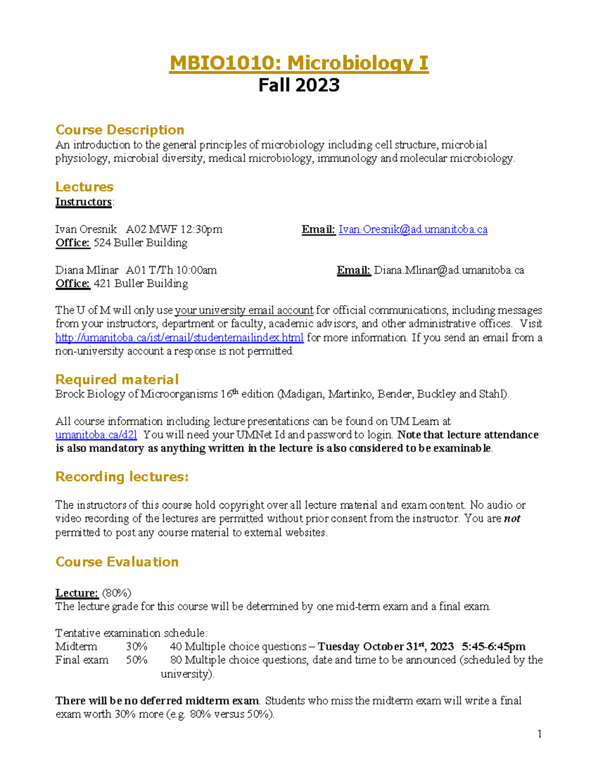 MBIO1010 Fall 2023 - Course Outline for MBIO 1010 - MBIO1010: Microbiology I Fall 2023 Course ...