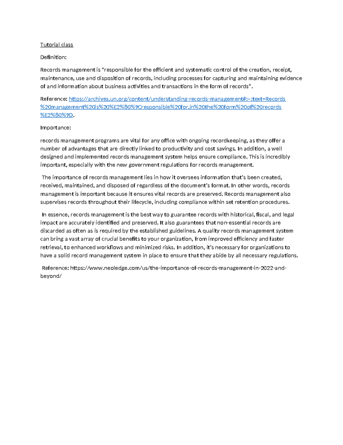 Tutorial IMR SEMESTER 2 - Tutorial class Definition: Records management ...