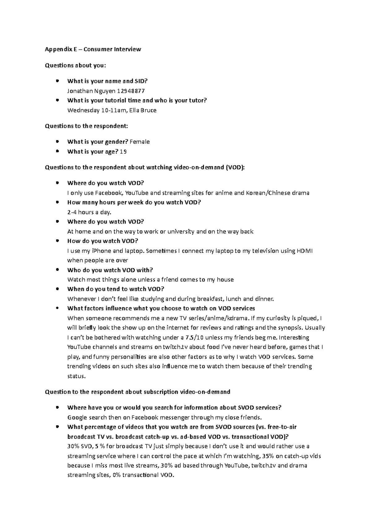 Appendix e consumer behaviour interviews - Appendix E – Consumer ...