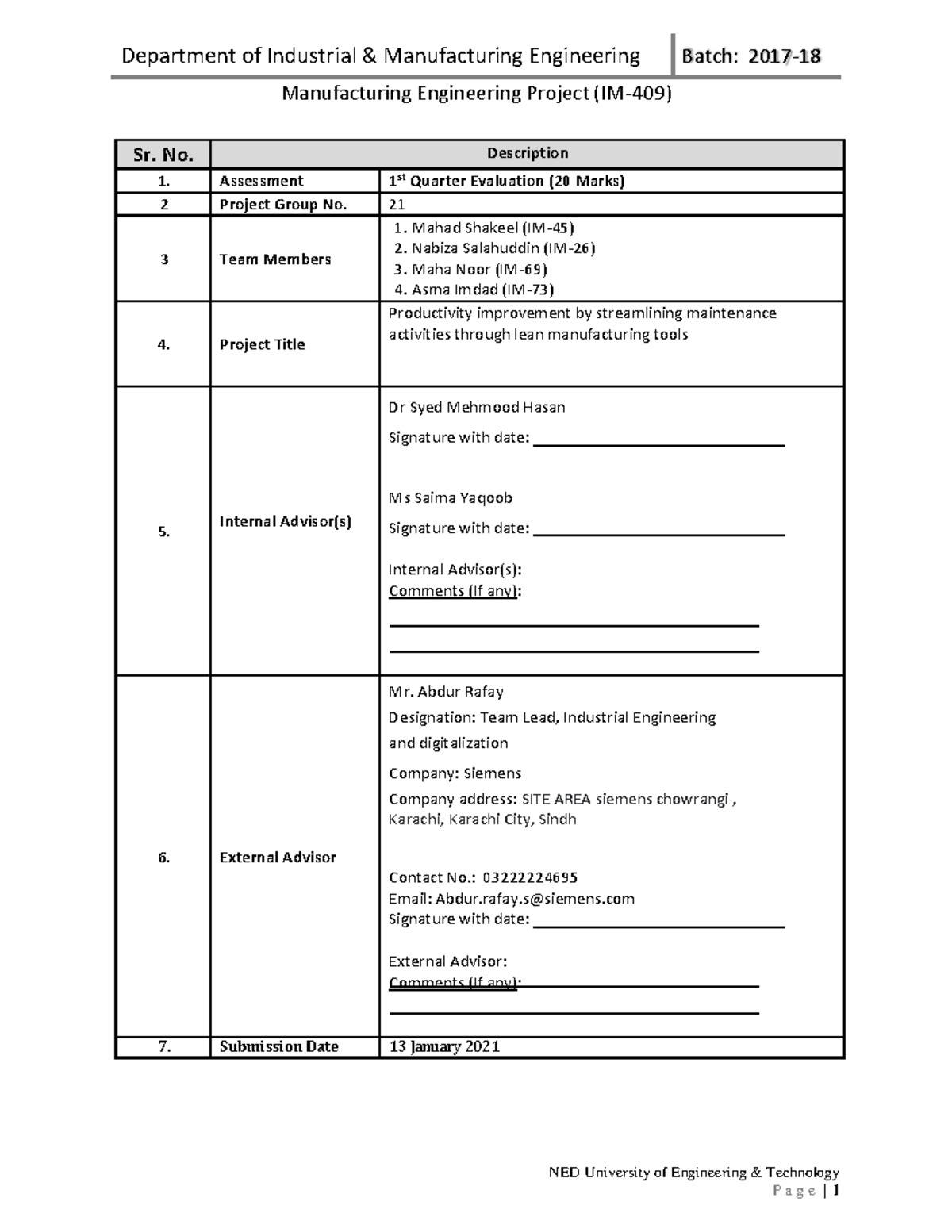 FYDP report 1st evaluation - Manufacturing Engineering Project (IM-409 ...