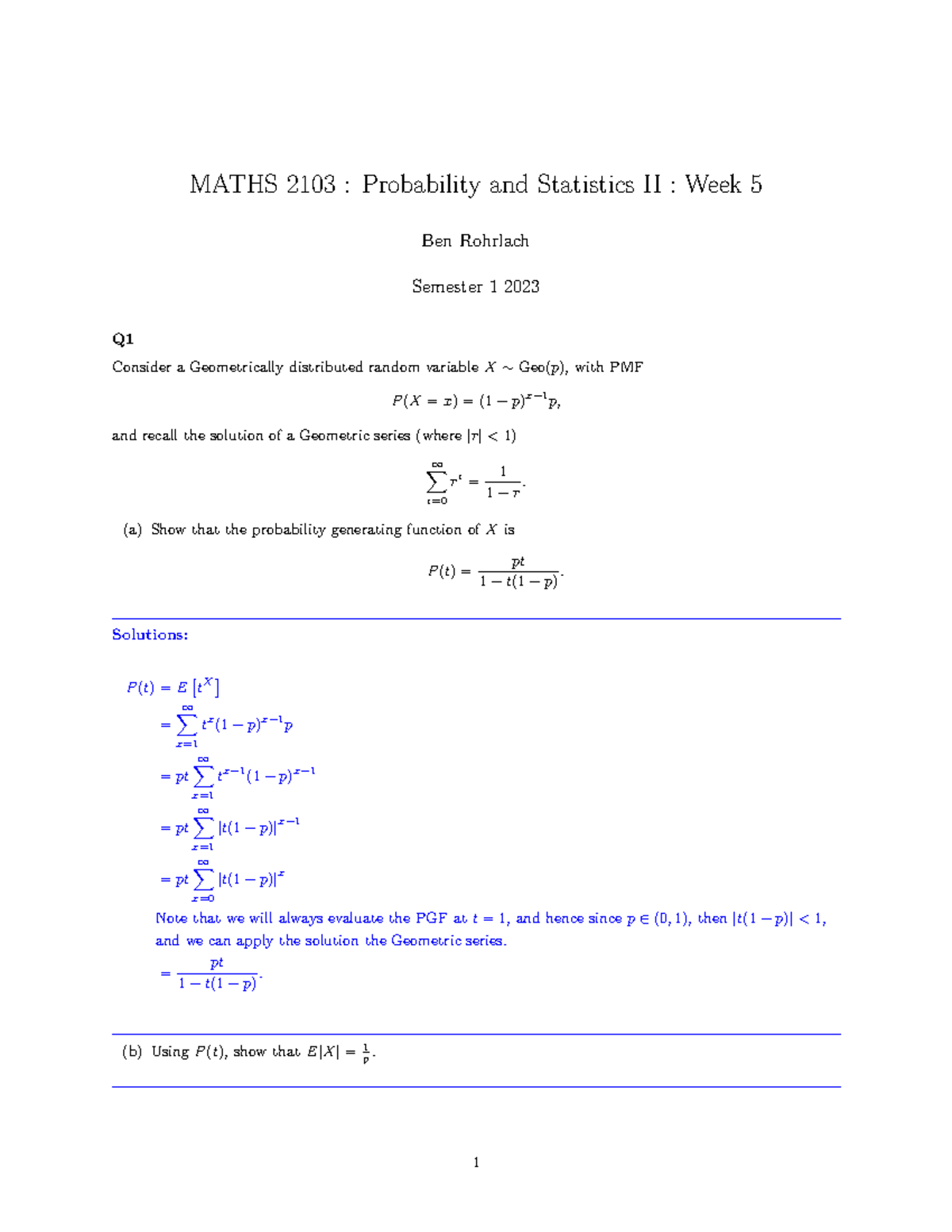 Tutorial 4 Solutions - MATHS 2103 : Probability and Statistics II ...