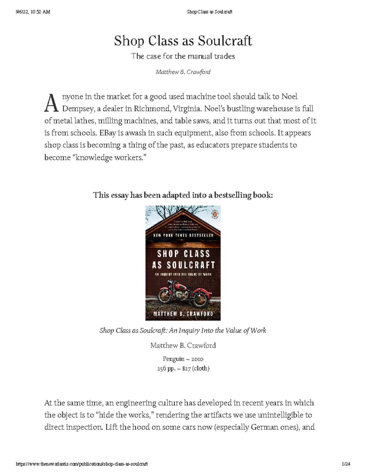 Shop Class as Soulcraft - Crawford A nyone in the market for a good ...