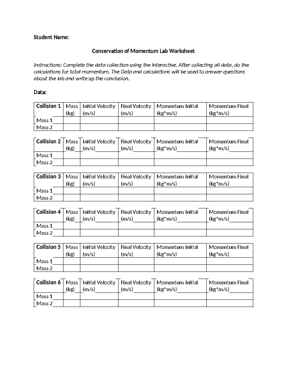 03 08 labworksheet - Student Name: Conservation of Momentum Lab ...
