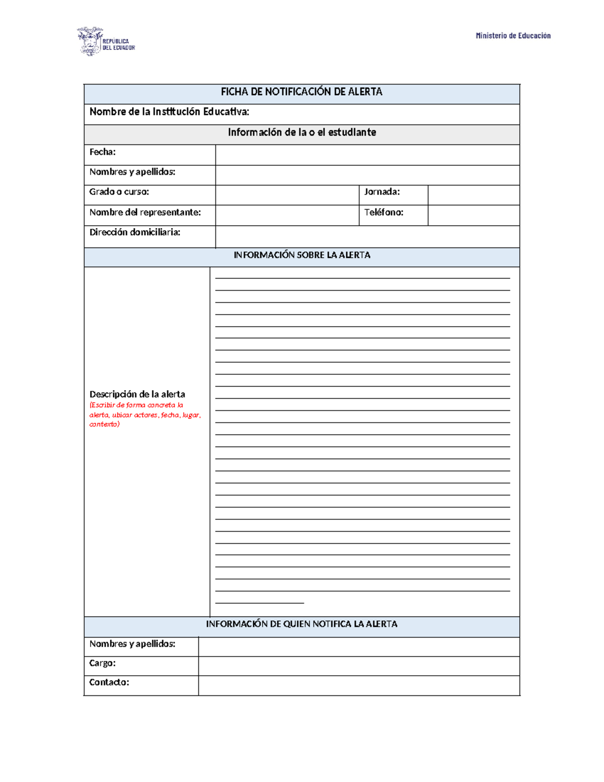 1.- Ficha DE Alerta - wefwefwe - FICHA DE NOTIFICACIÓN DE ALERTA Nombre ...