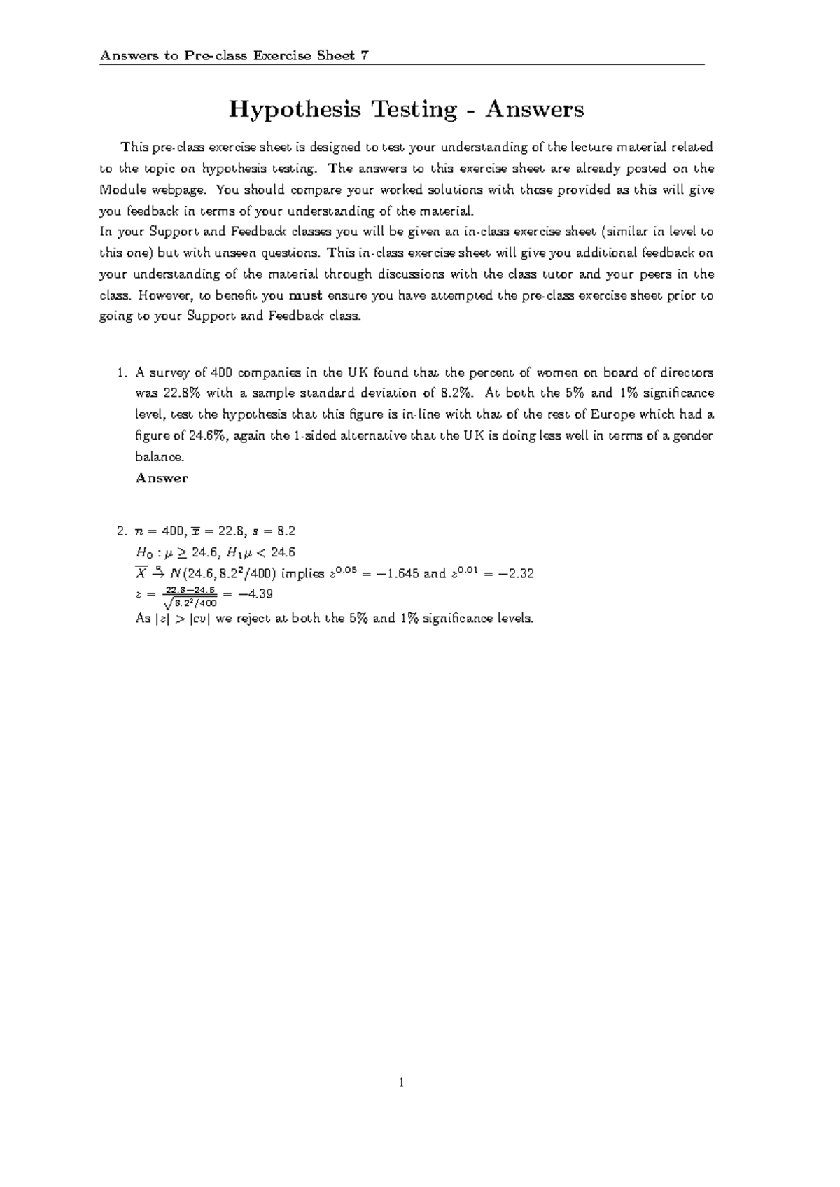 Pre class Ex Sheet 7 (Solutions) - Hypothesis Testing - Answers This ...