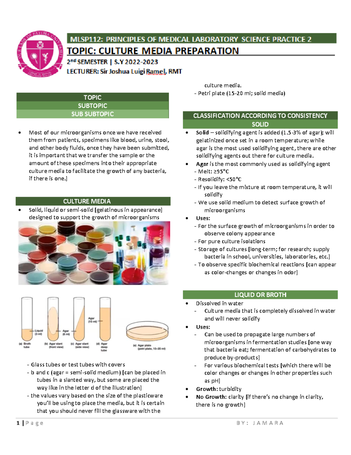Lesson 2 (LAB) - Culture Media Preparation - 1 | P a g e B Y : J A M A ...