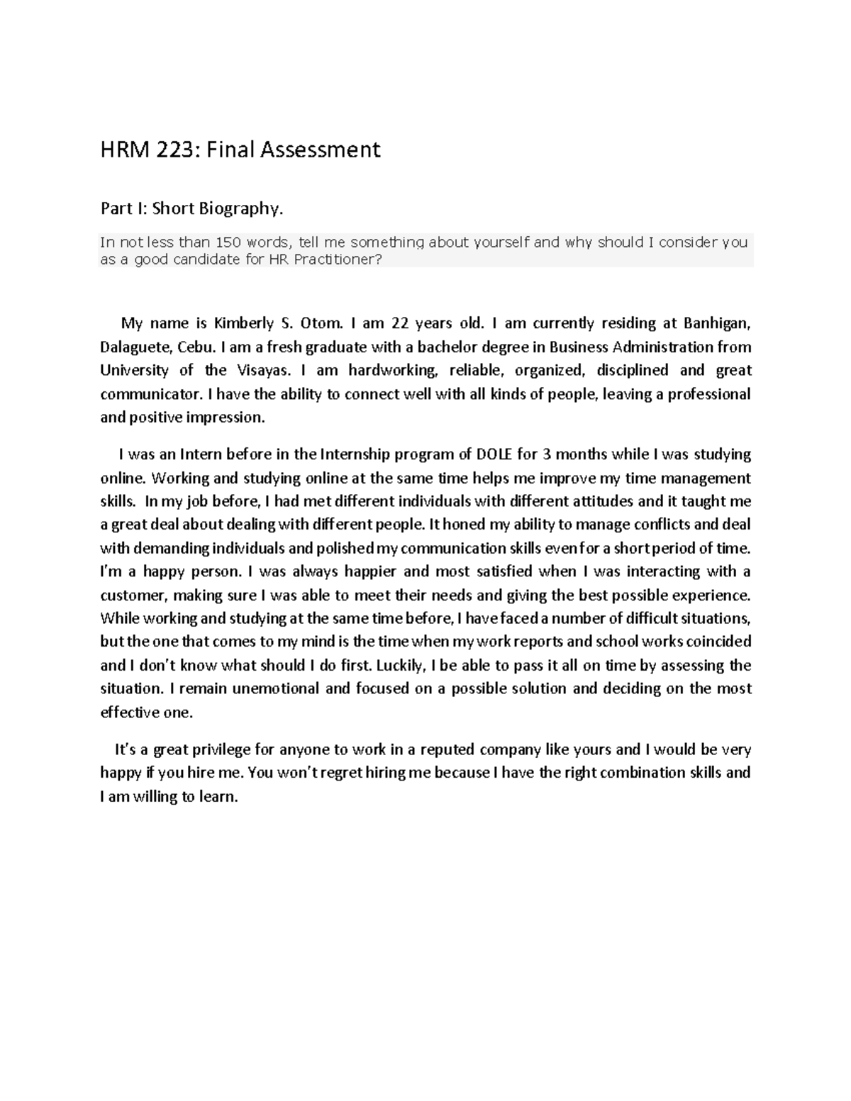 HRM 223- Final Assessment - HRM 223: Final Assessment Part I: Short ...