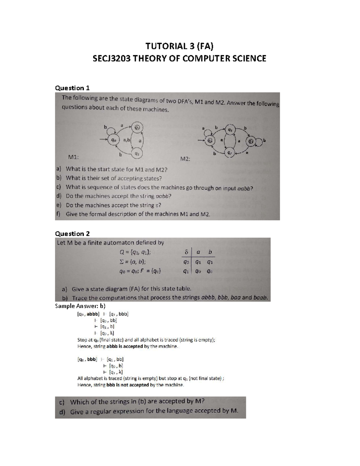 Tutorial 3 4 Question Computer Science Theory Tutorial 3 Fa Secj3203 Theory Of Computer