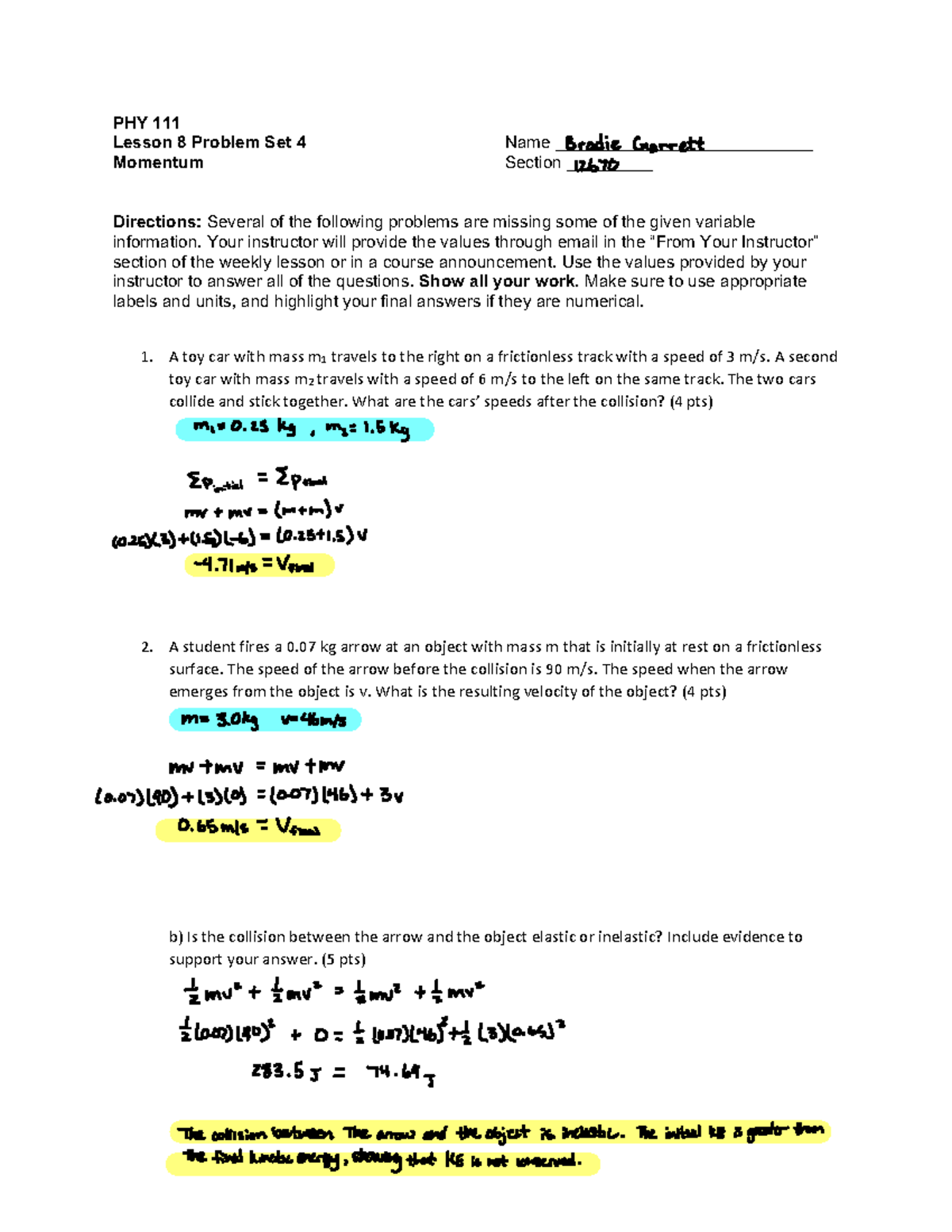 PHY111 Lesson 8 Problem Set - Your instructor will provide the values ...