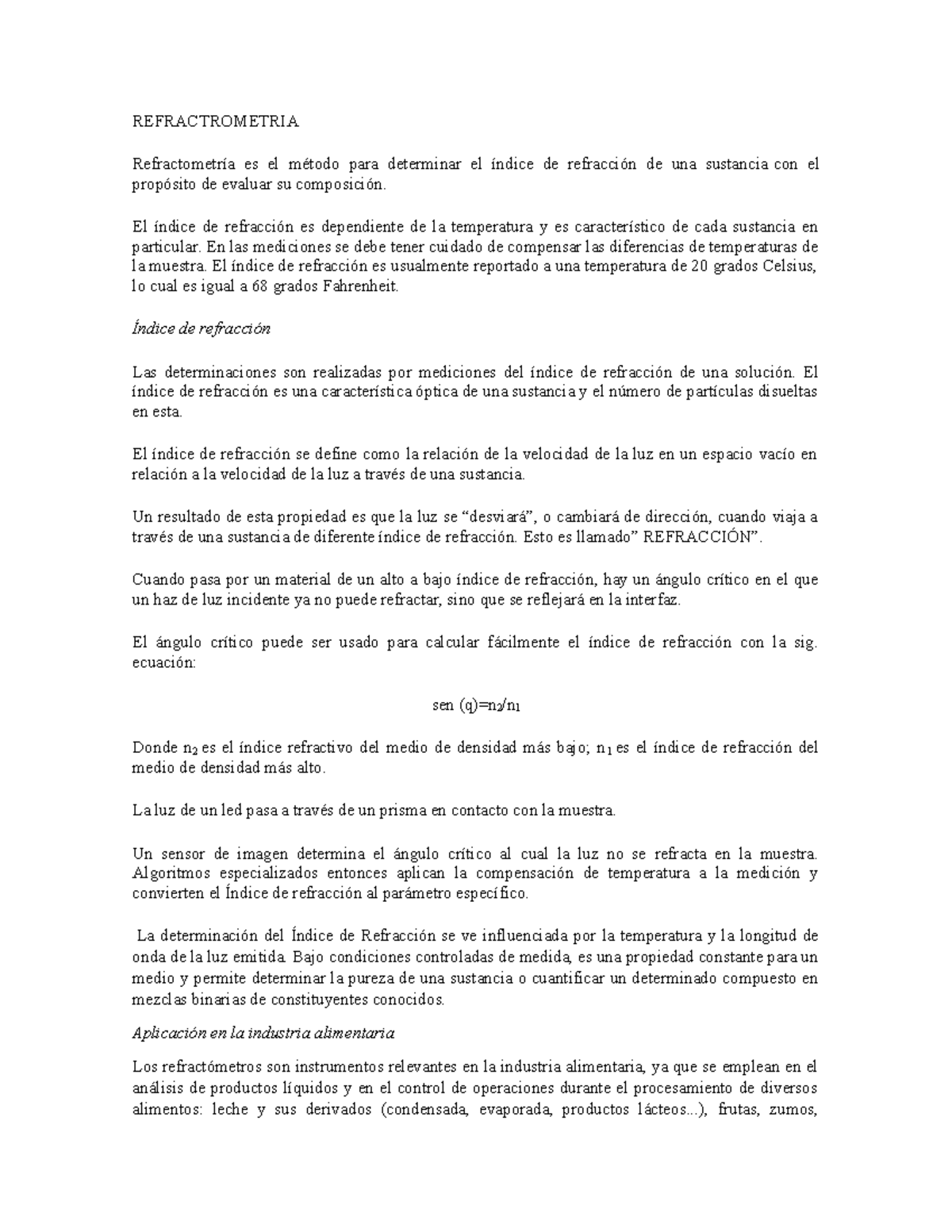 Refractometría generalidades - REFRACTROMETRIA Refractometría es el ...