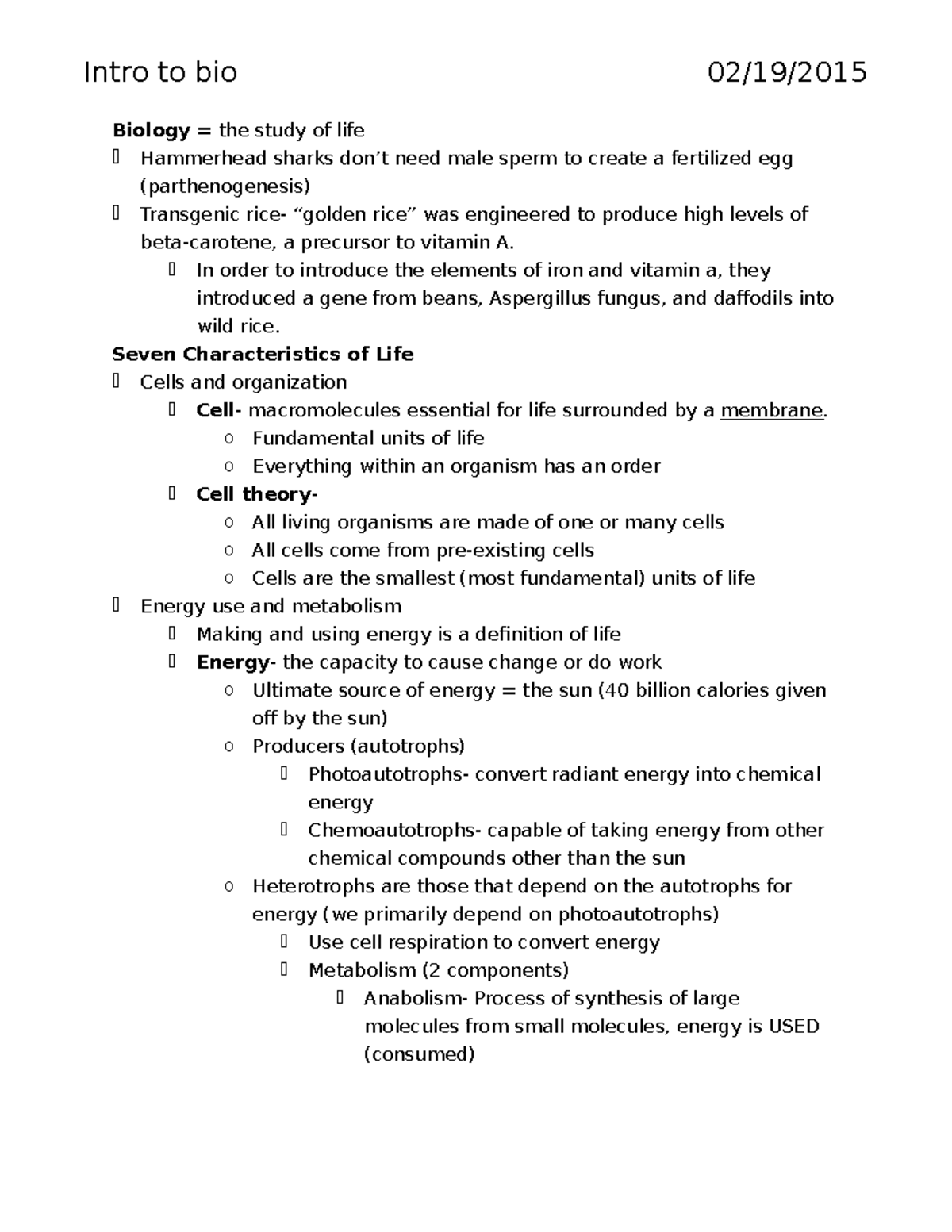 118 page document CELL1010 notes - Intro to bio 02/19/ Biology = the ...