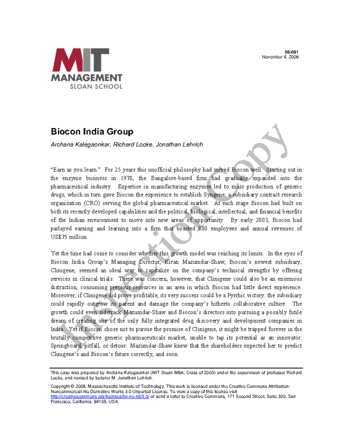 Biocon India Group.IC MIT Sloan Case Study - This case was prepared by ...