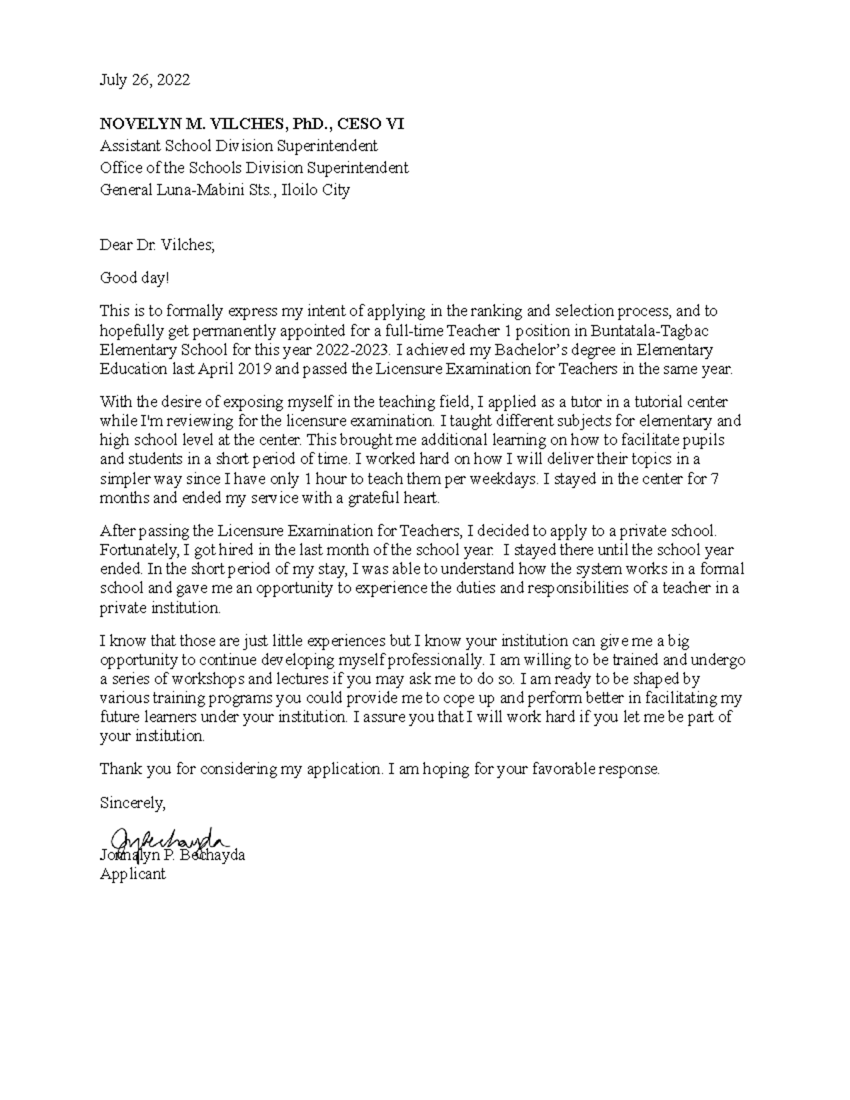 Application letter RQA - July 26, 2022 NOVELYN M. VILCHES, PhD., CESO ...