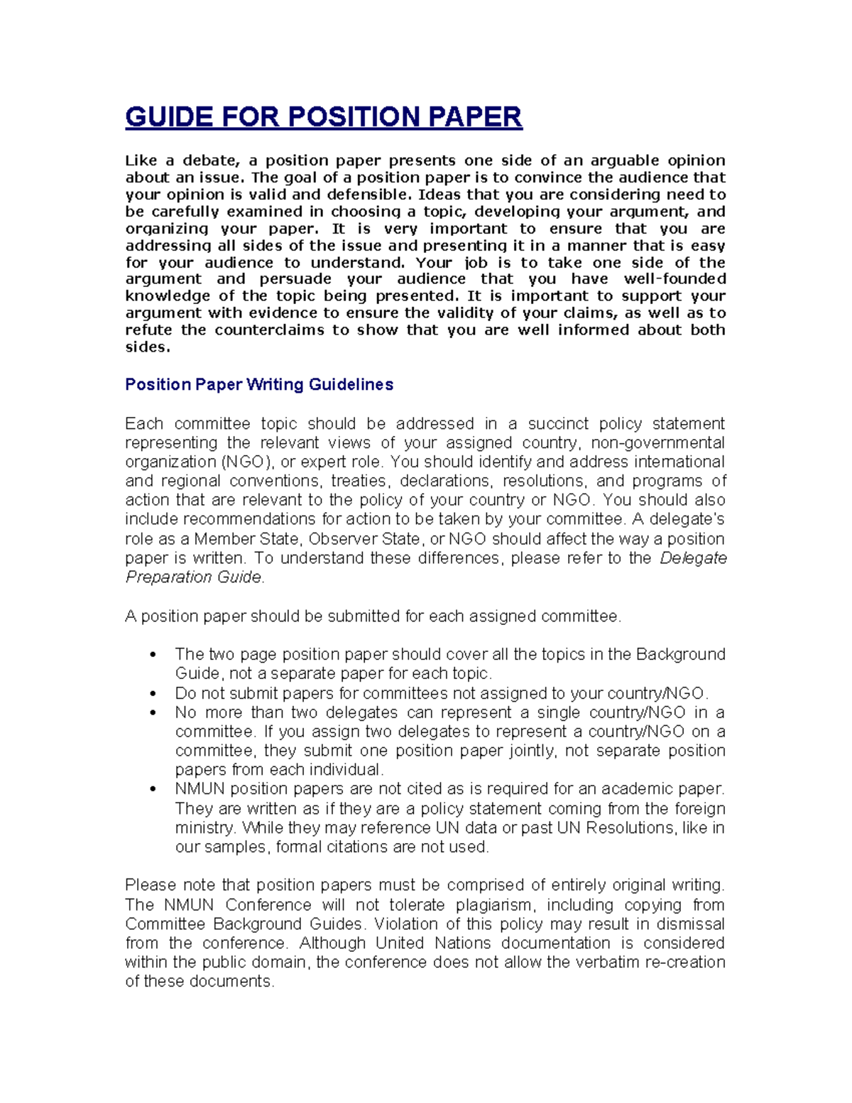 Guide for position paper - GUIDE FOR POSITION PAPER Like a debate, a ...