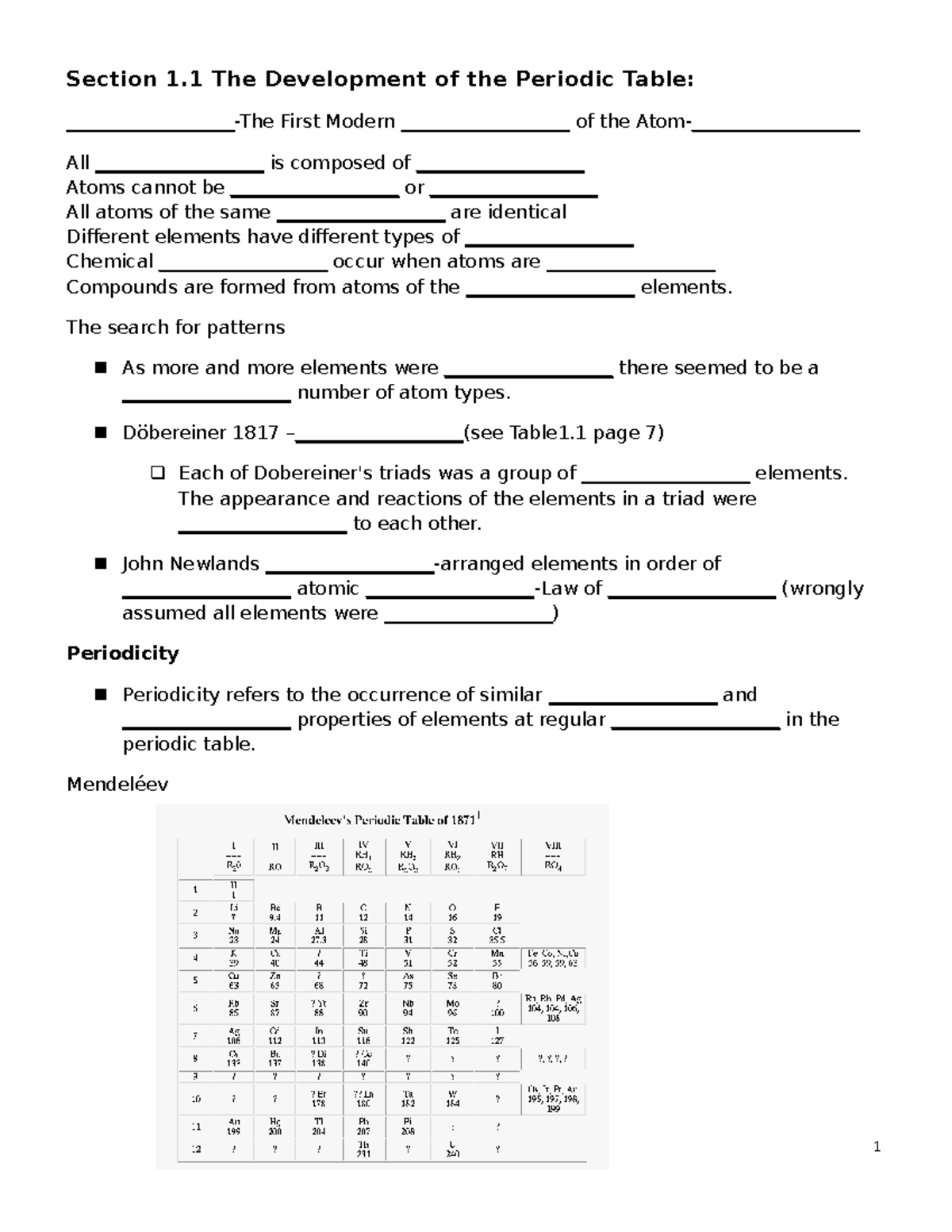 1 - Note - Section 1 The Development of the Periodic Table: -The First ...