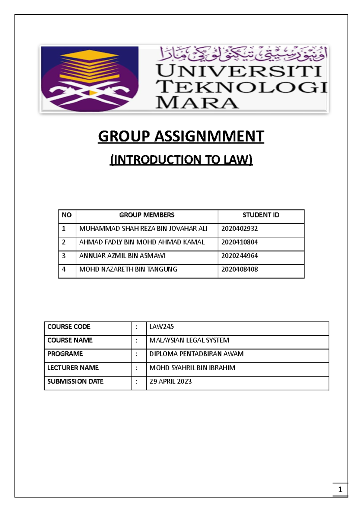 LAW245 Group Assignment - GROUP ASSIGNMMENT (INTRODUCTION TO LAW) NO ...